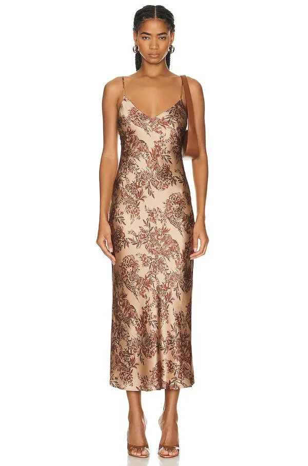 L'Agence Seridie Midi Length Slip Dress In Brown In Macaroon